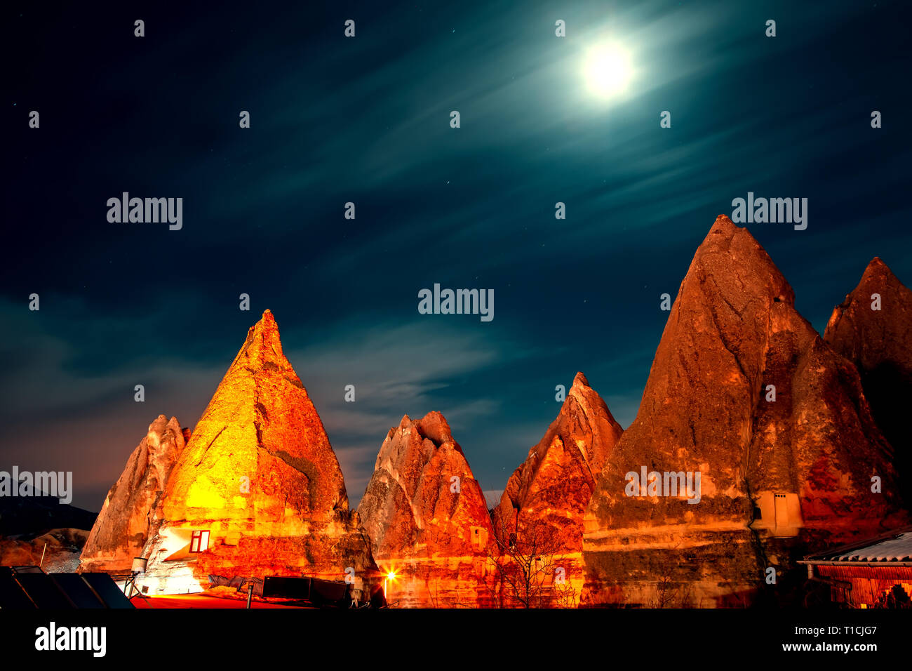 Moonlight night over Cappadocia. Gorgeous night landscape. Goreme ...
