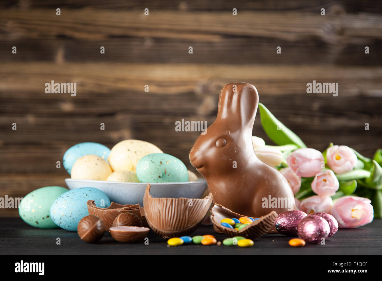 Easter chocolate bunny and eggs Stock Photo - Alamy