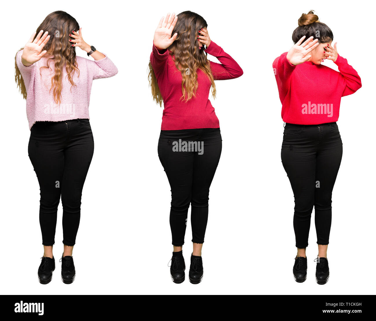 Collage of beautiful young woman over white isolated background ...