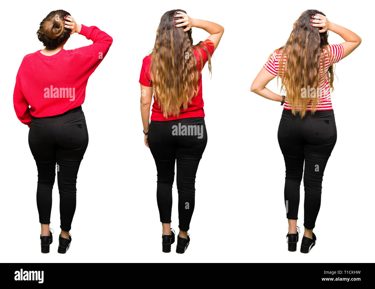 Collage of beautiful young woman over white isolated background ...