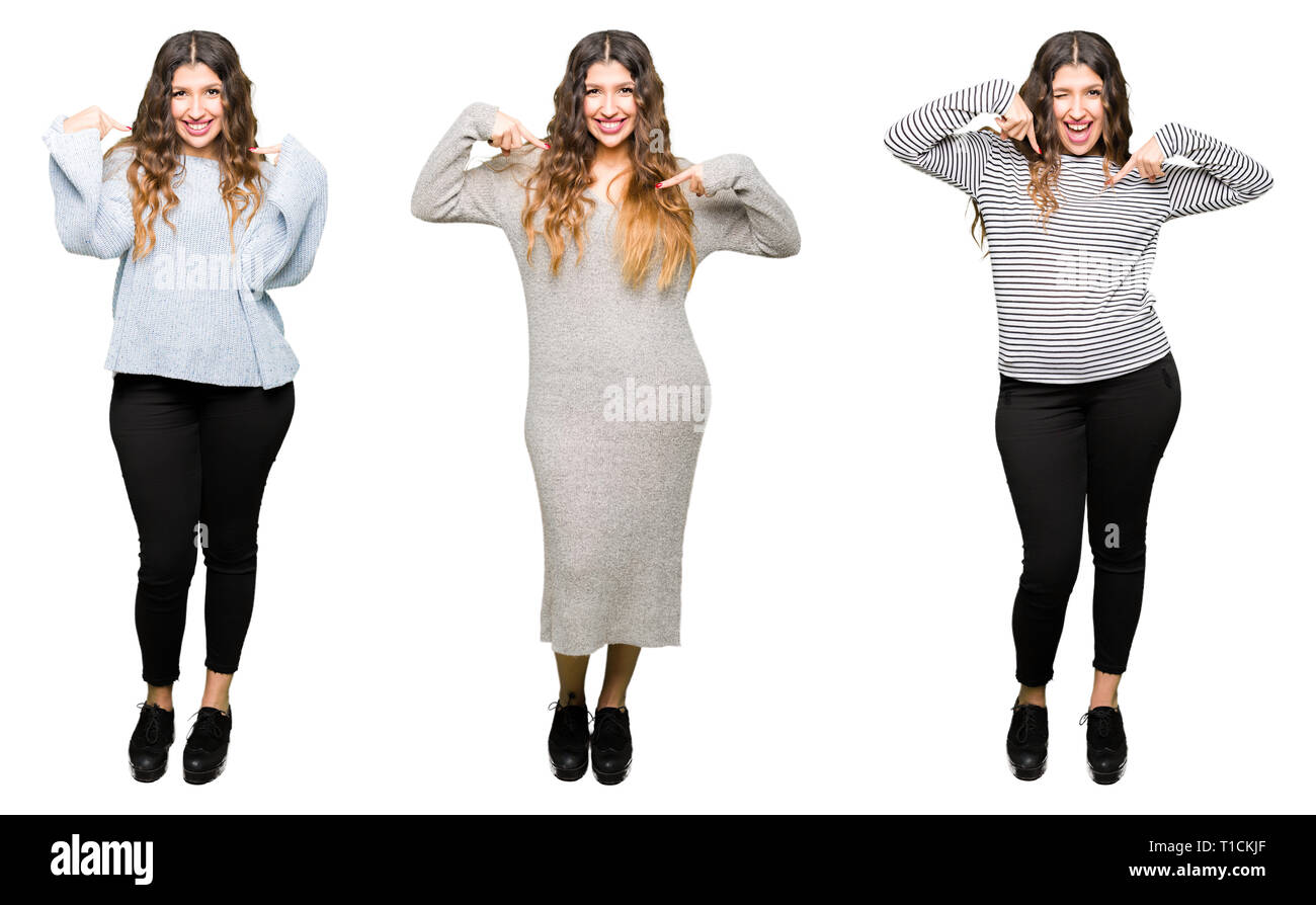 Collage of beautiful young woman over white isolated background looking ...