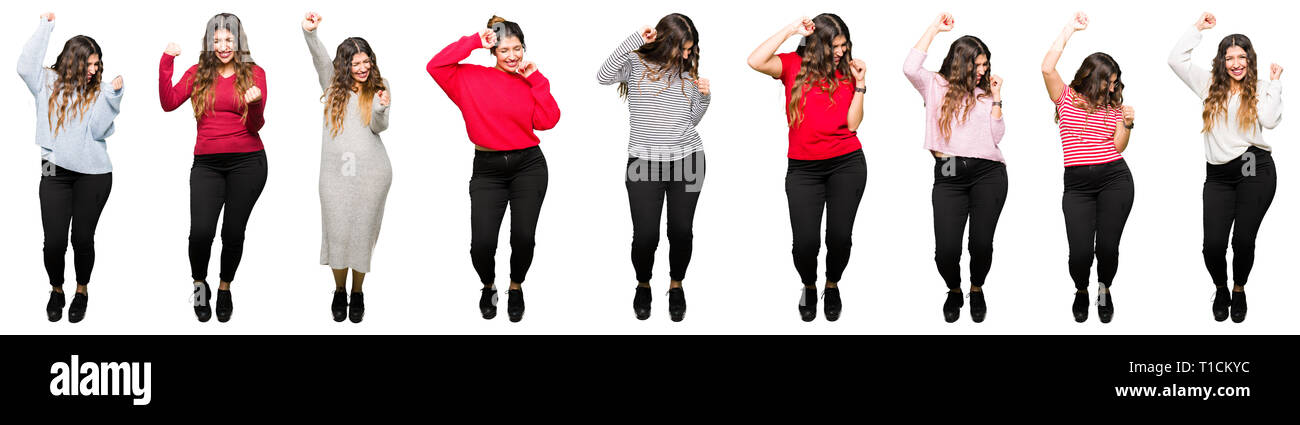 Collage of beautiful young woman wearing different looks over white ...