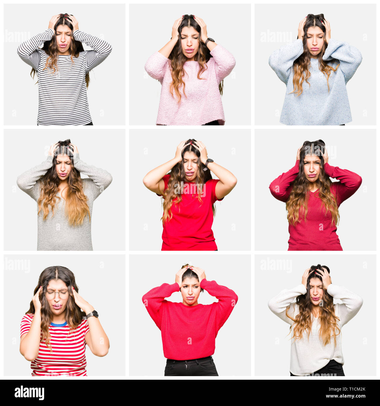 Collage of beautiful young woman wearing different looks over white ...