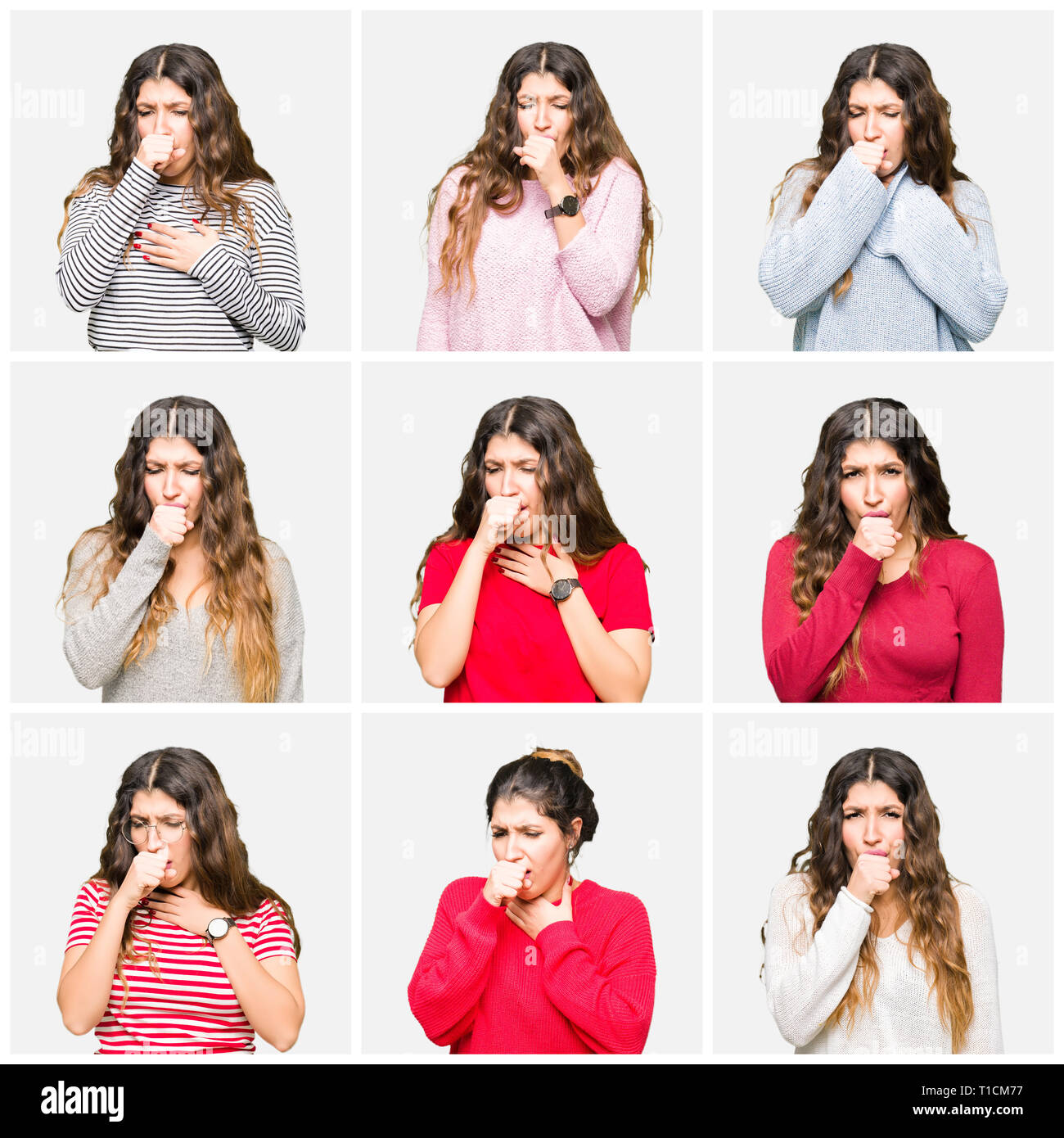 Collage of beautiful young woman wearing different looks over white ...