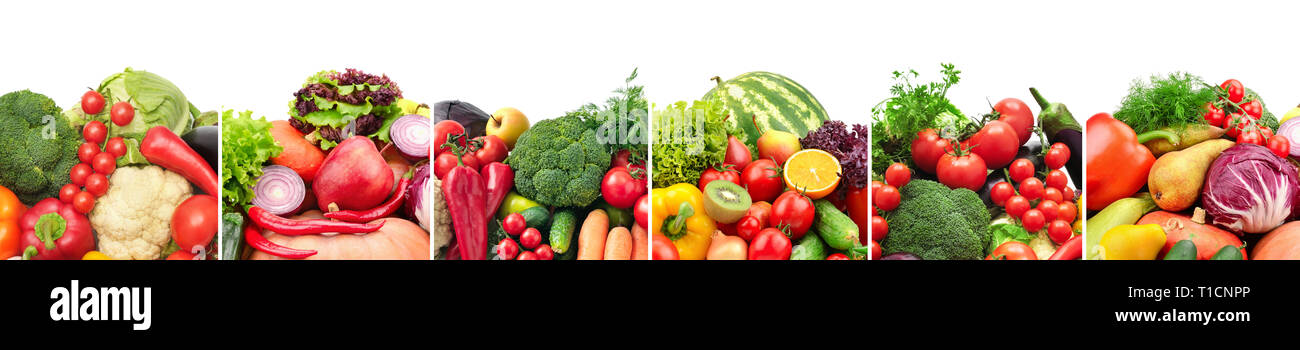 Collage of fruits and vegetables divided by vertical lines on white ...