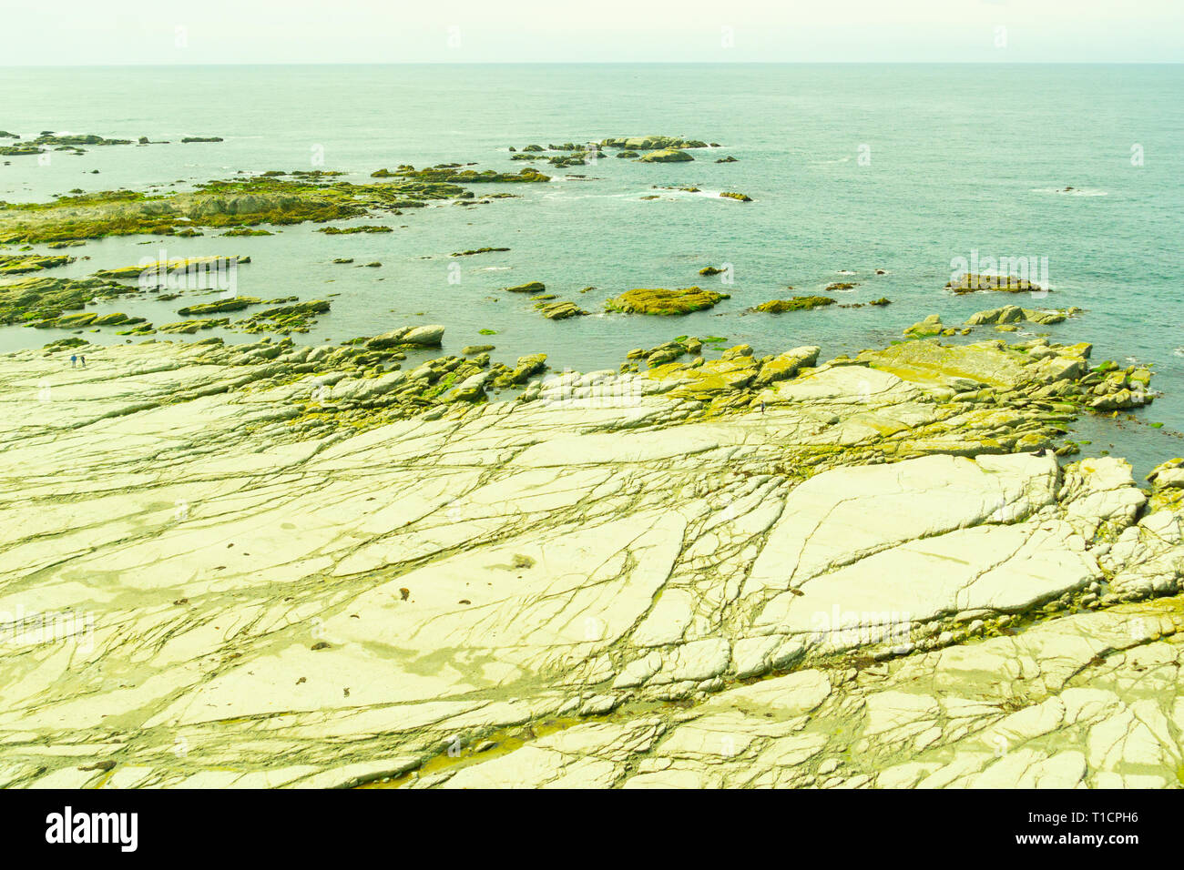 Retro style image large area Wide flat mud-rock ledge extending into ...