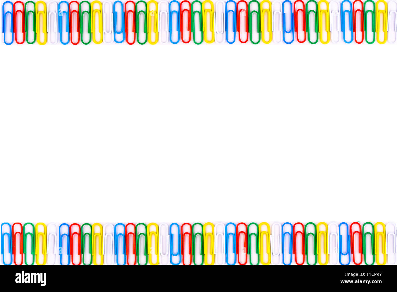Colored paper clips in a line on white background Stock Photo - Alamy