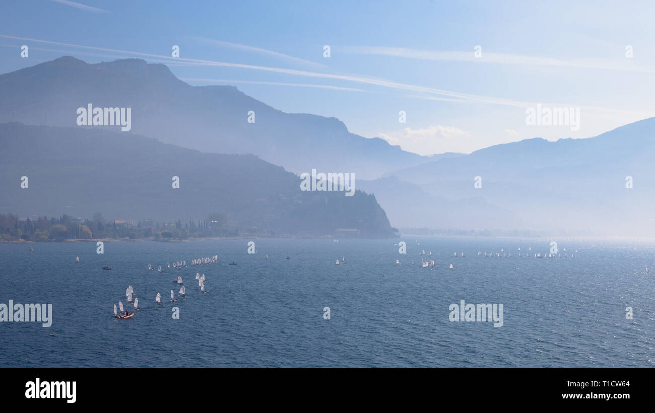 Yachting. Landscape panorama with yacht sailer ship sailing by lake or ...
