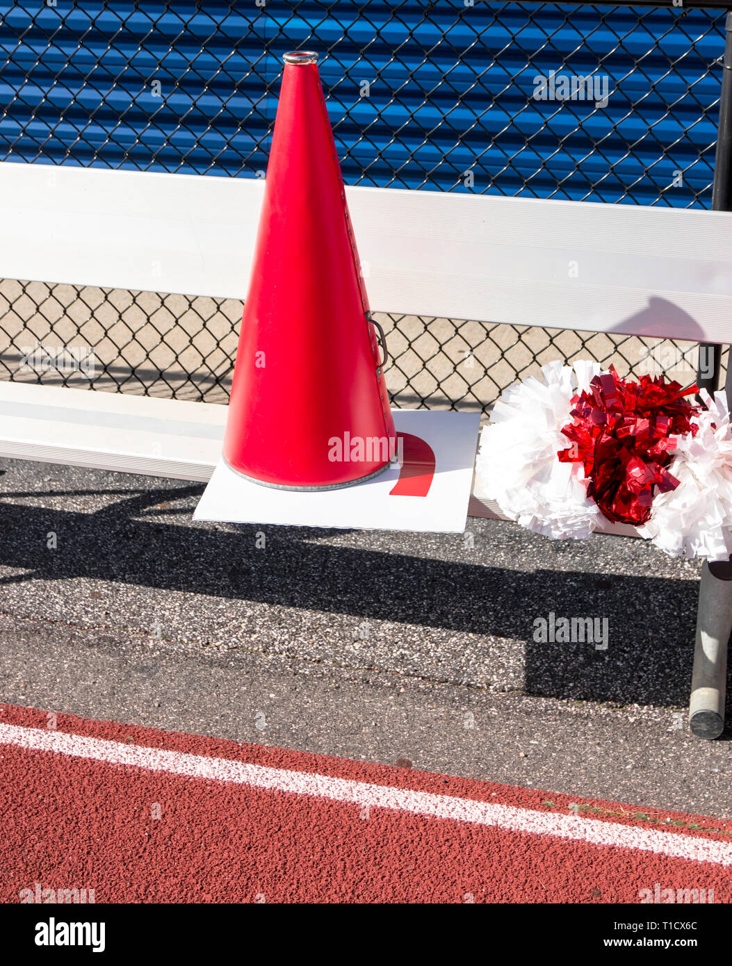 Cheerleader equipment megaphone, sign and pompoms, sitting on a bench ...