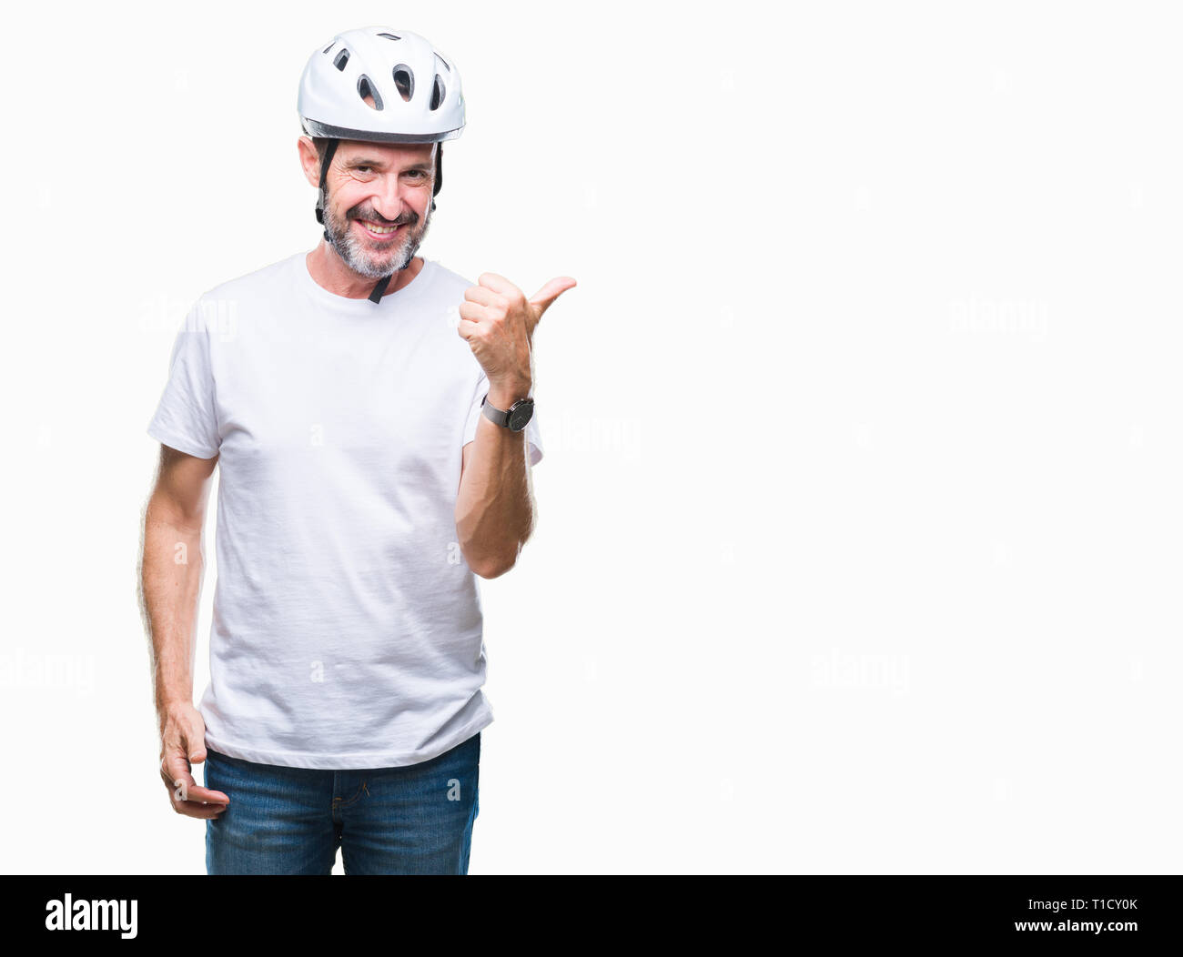 Middle age senior hoary cyclist man wearing bike safety helment ...