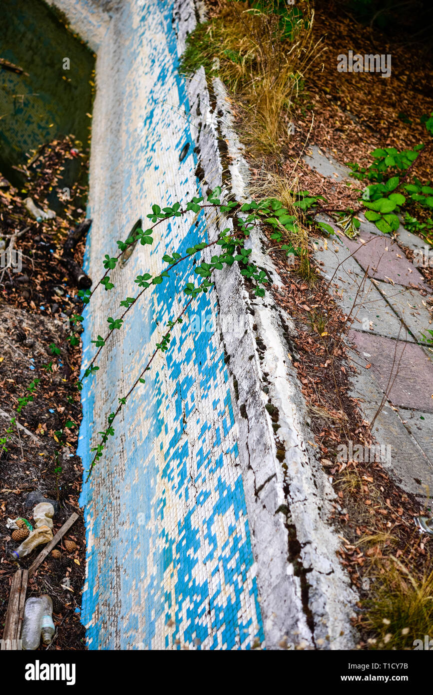 Broken blue azure retro tiles mosaic in abandoned pool - Berengaria ...
