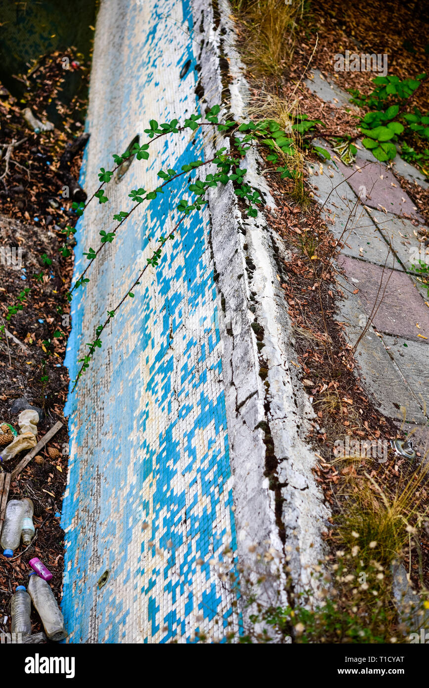 Broken blue azure retro tiles mosaic in abandoned pool - Berengaria ...