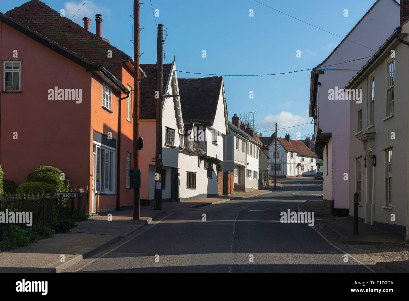 Bures Suffolk UK, view along the High Street in Bures village on the ...