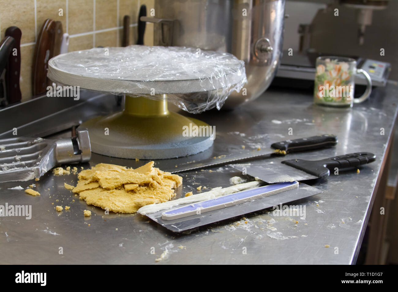 Baker's desk, dough bowls, spatulas, rotary table for cakes, dough ...