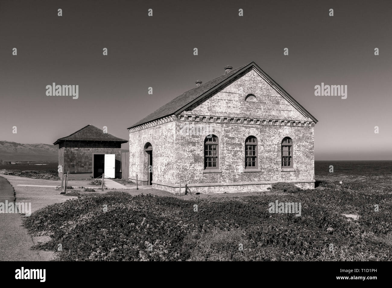 Black and white, brick engine building for the Piedras Blancas Light ...