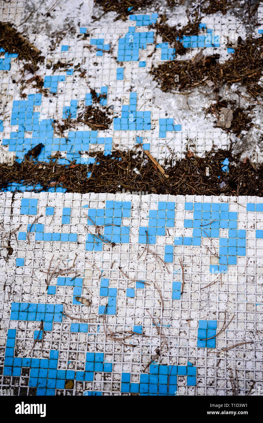 Broken blue azure retro tiles mosaic in abandoned pool - Berengaria ...