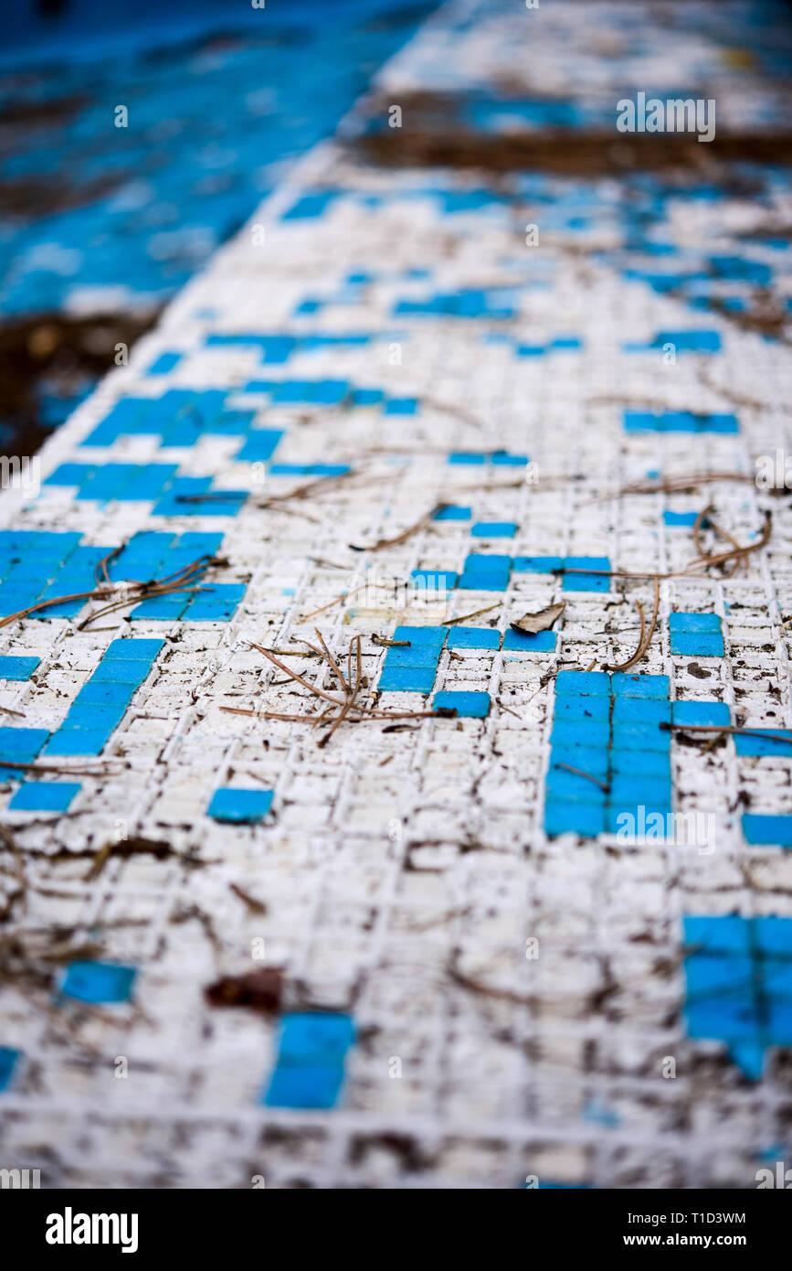 Broken blue azure retro tiles mosaic in abandoned pool - Berengaria ...