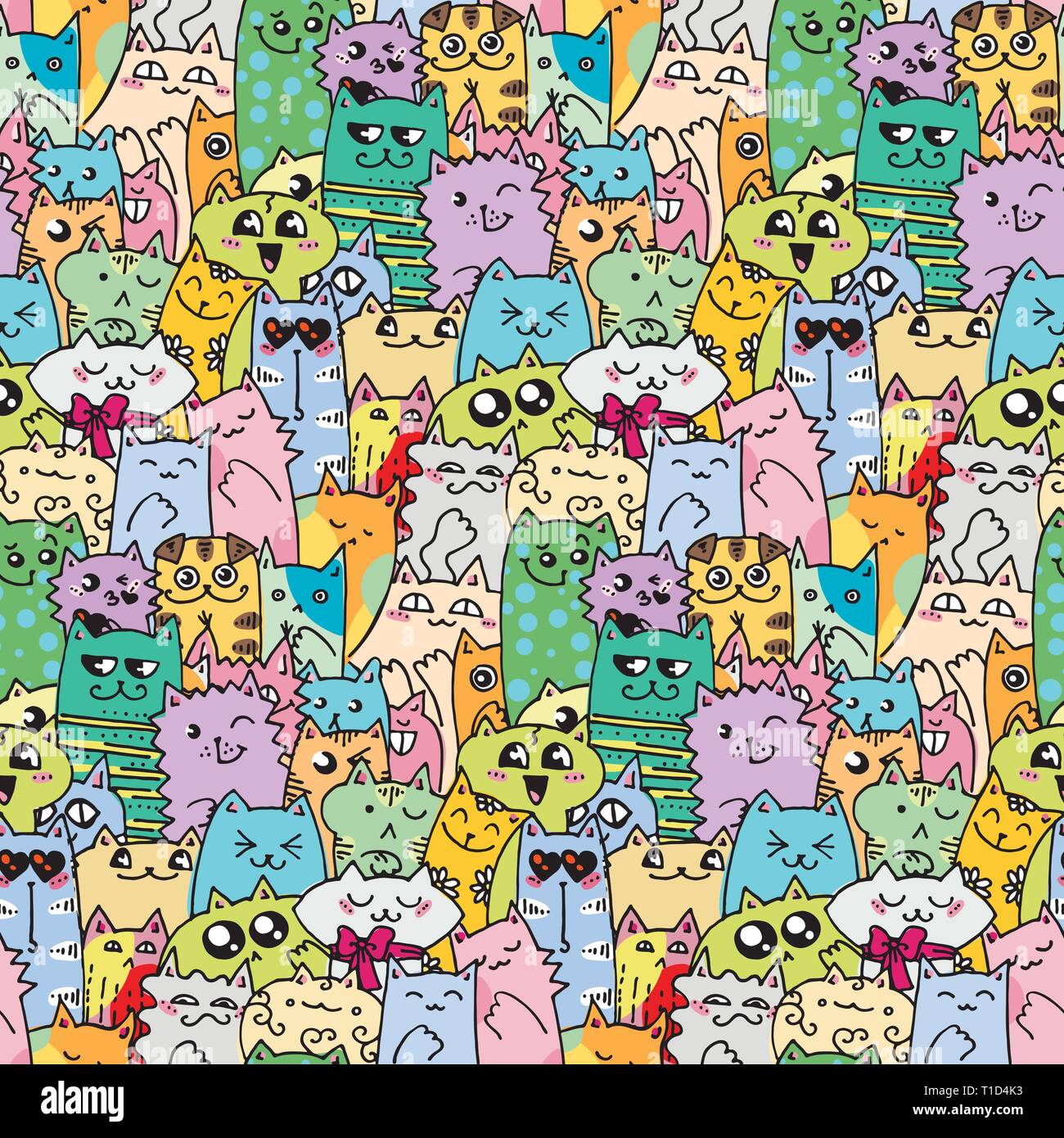 Cute doodle cats seamless pattern. Great for coloring book, wrapping ...