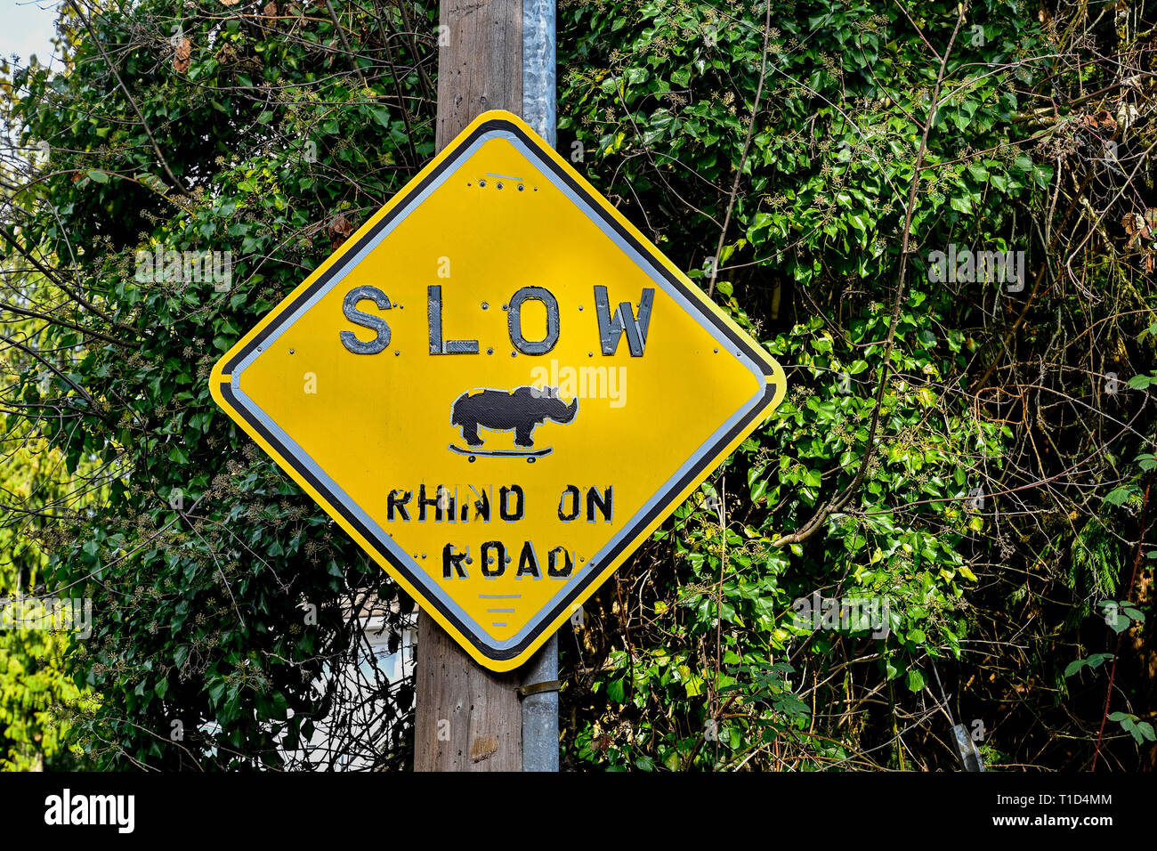 Slow Rhino on road sign, North Vancouver, British Columbia, Canada ...