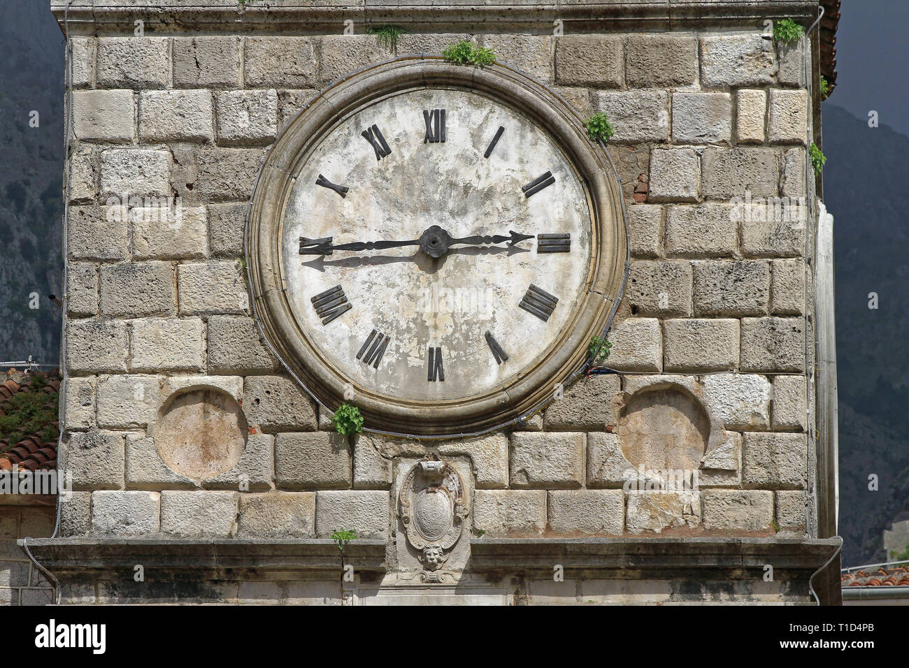 Stone clock at medieval tower in kotor montenegro hi-res stock ...