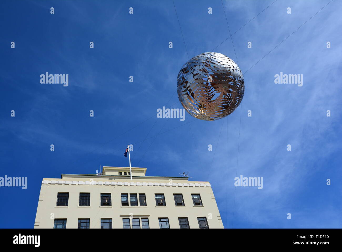 Silver Fern Ball sculpture by Neil Dawson suspended over Civic Square ...