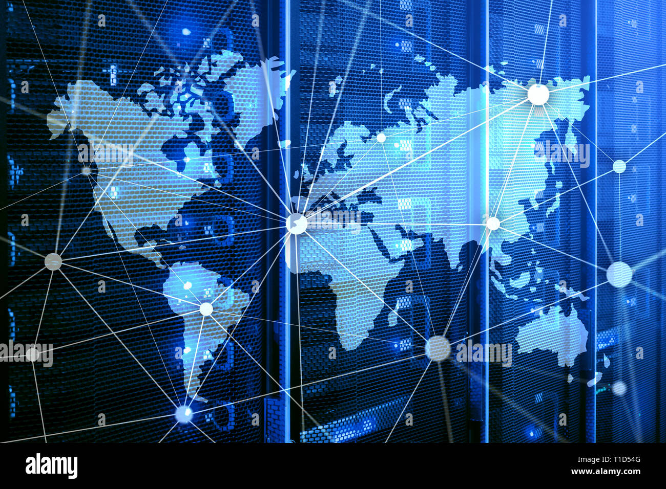 World map with communication network on server room background Stock ...