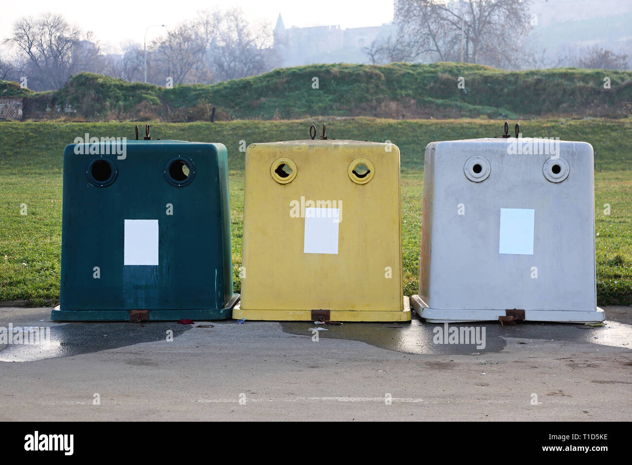 Three Plastic Containers for Recycling and Sorting Waste Stock Photo ...