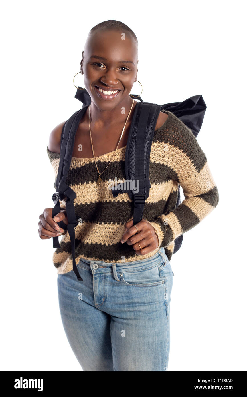 Black African American female wearing a backpack isolated on a white ...