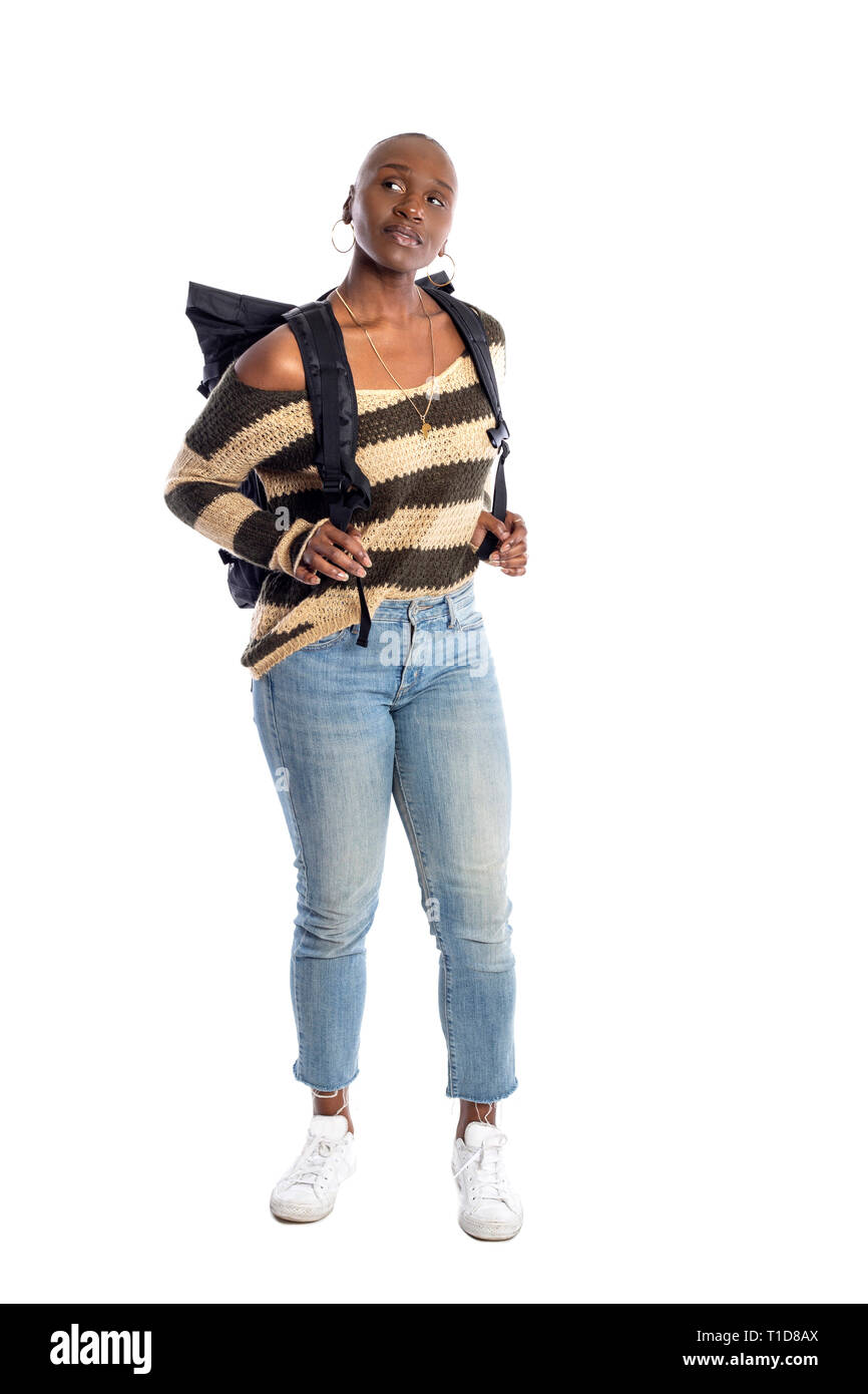 Black African American female wearing a backpack isolated on a white ...