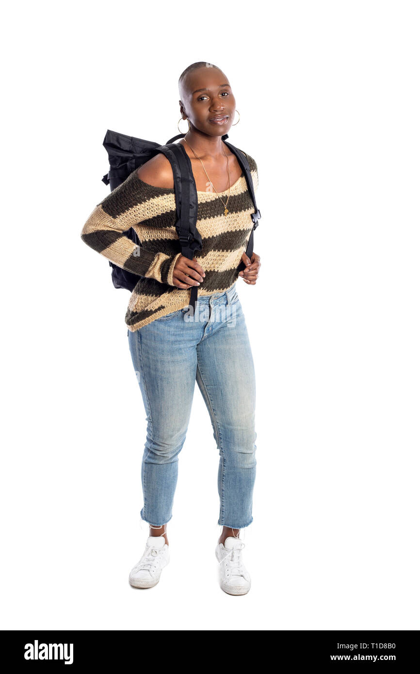 Black African American female wearing a backpack isolated on a white ...