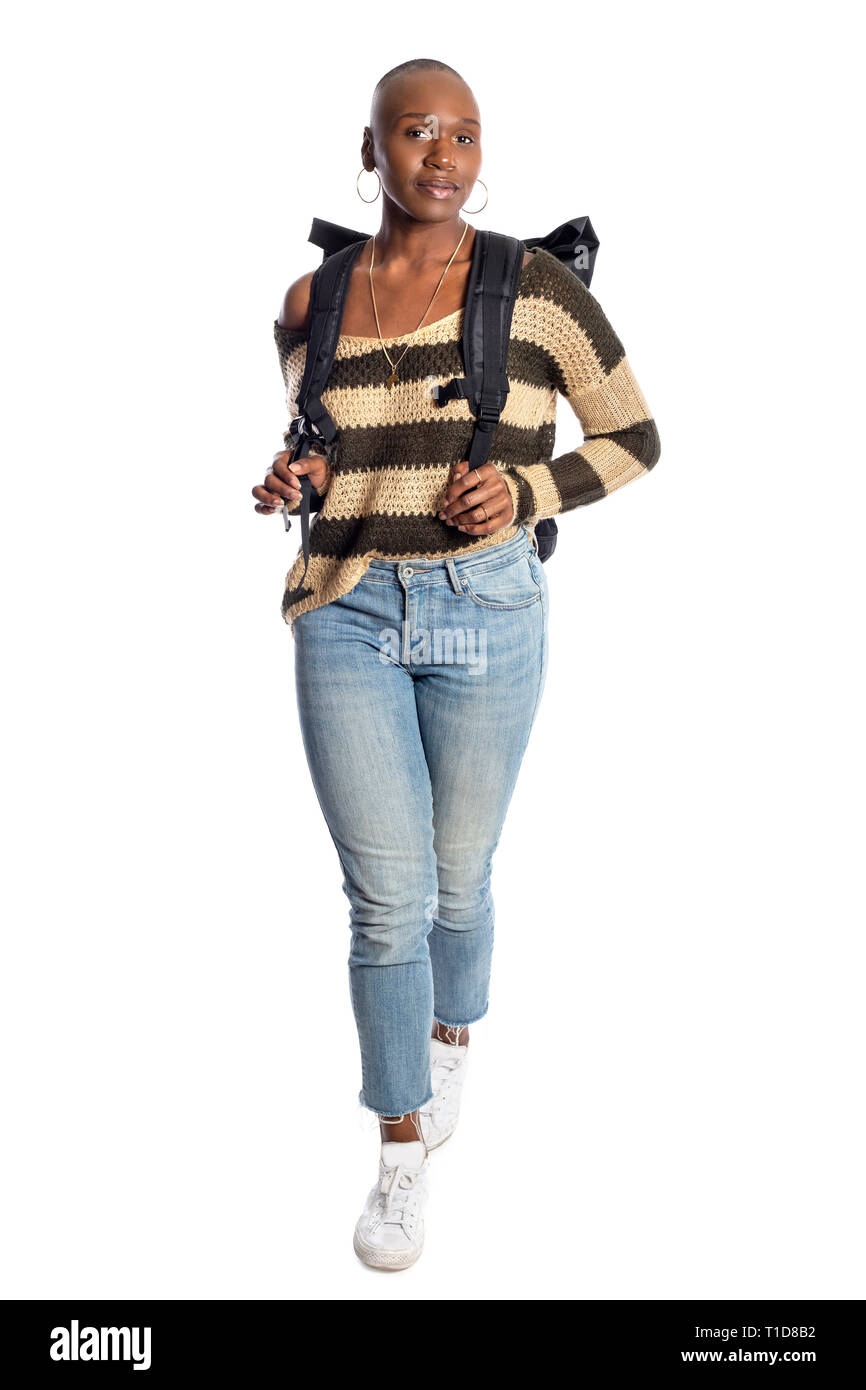Black African American female wearing a backpack isolated on a white ...
