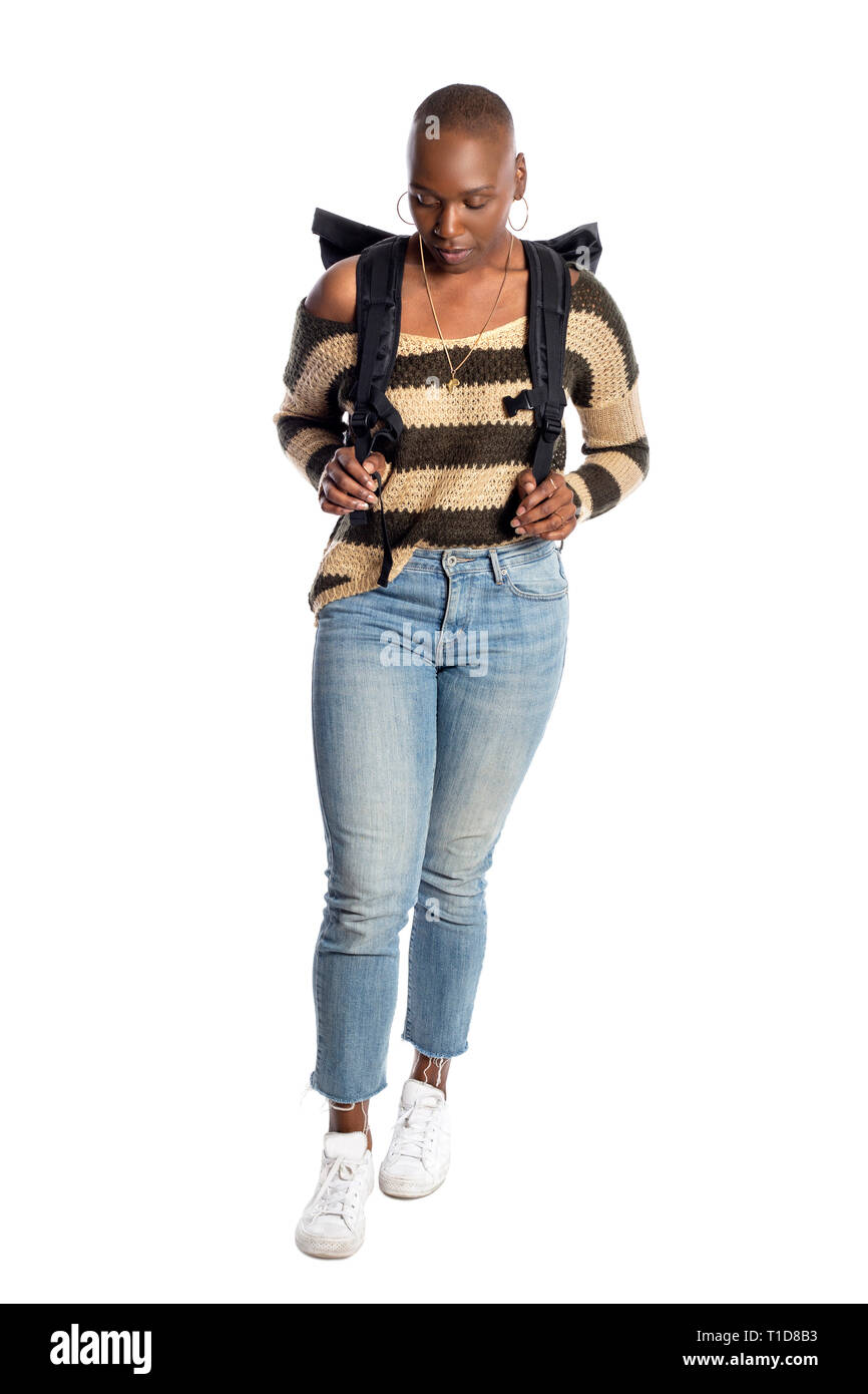 Black African American female wearing a backpack isolated on a white ...