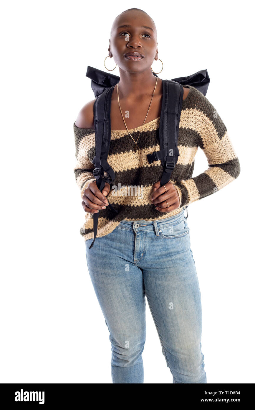 Black African American female wearing a backpack isolated on a white ...