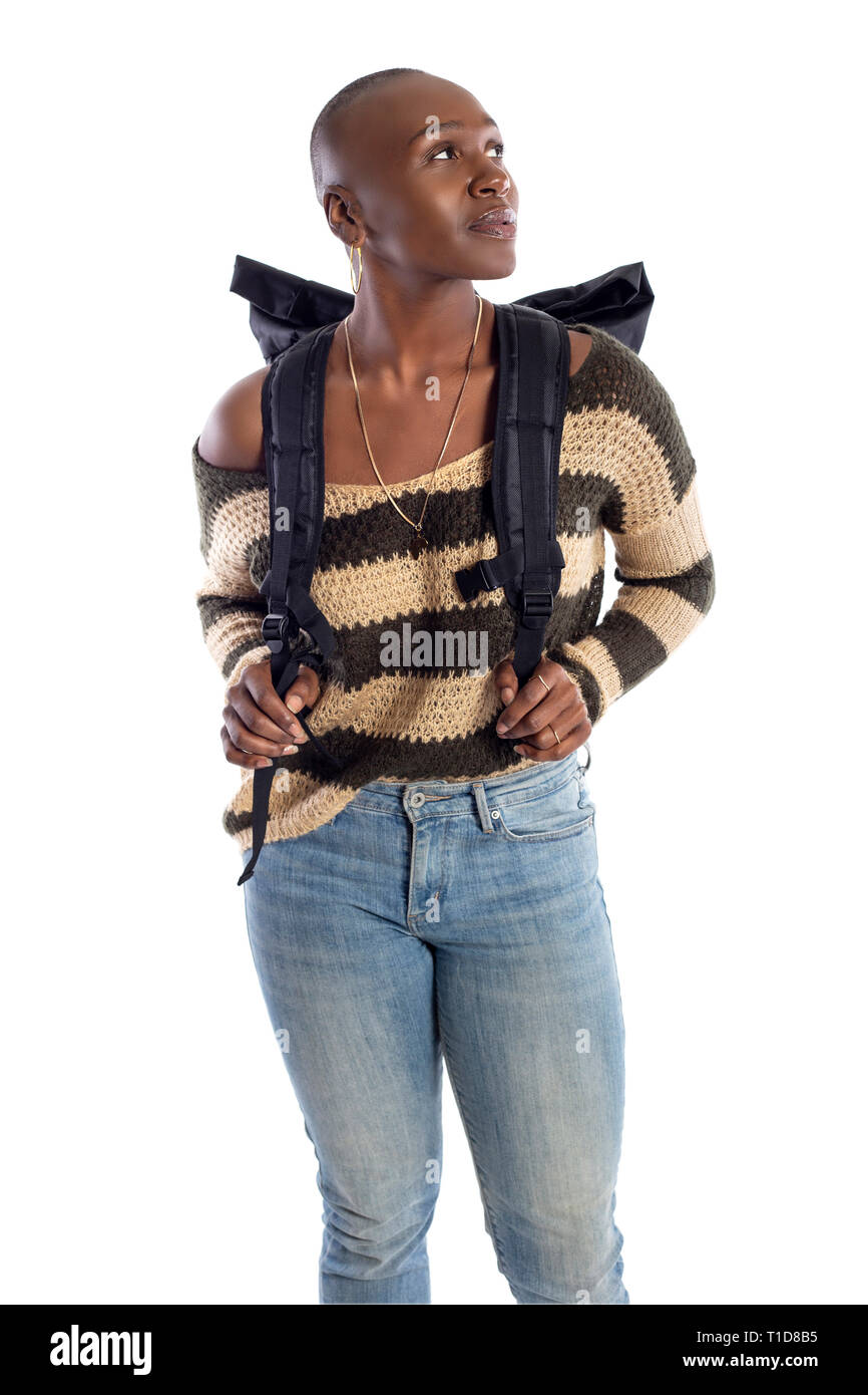 Black African American female wearing a backpack isolated on a white ...