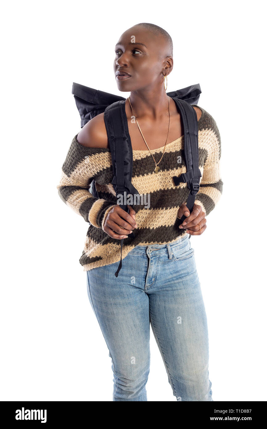 Black African American female wearing a backpack isolated on a white ...