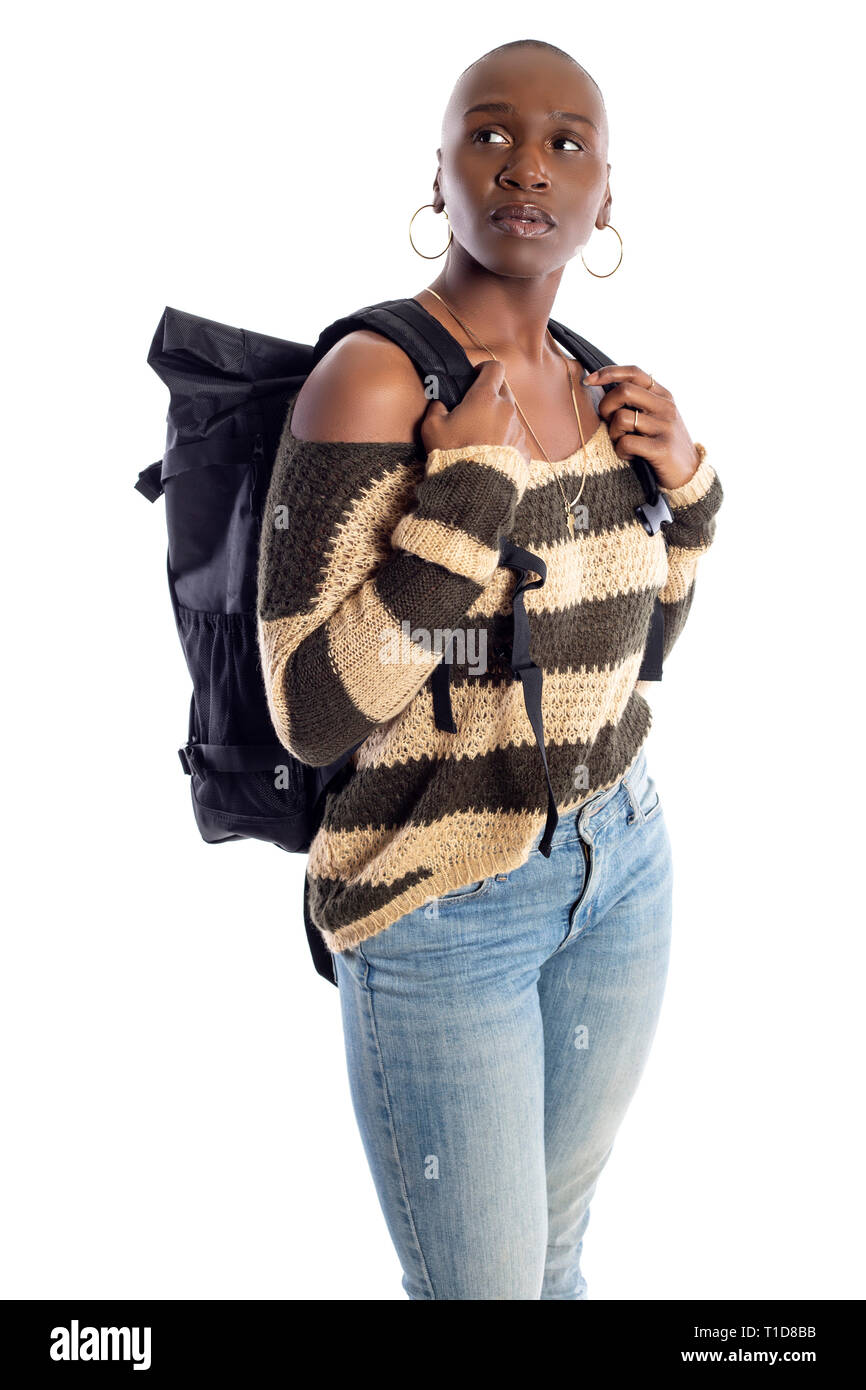Black African American female wearing a backpack isolated on a white ...