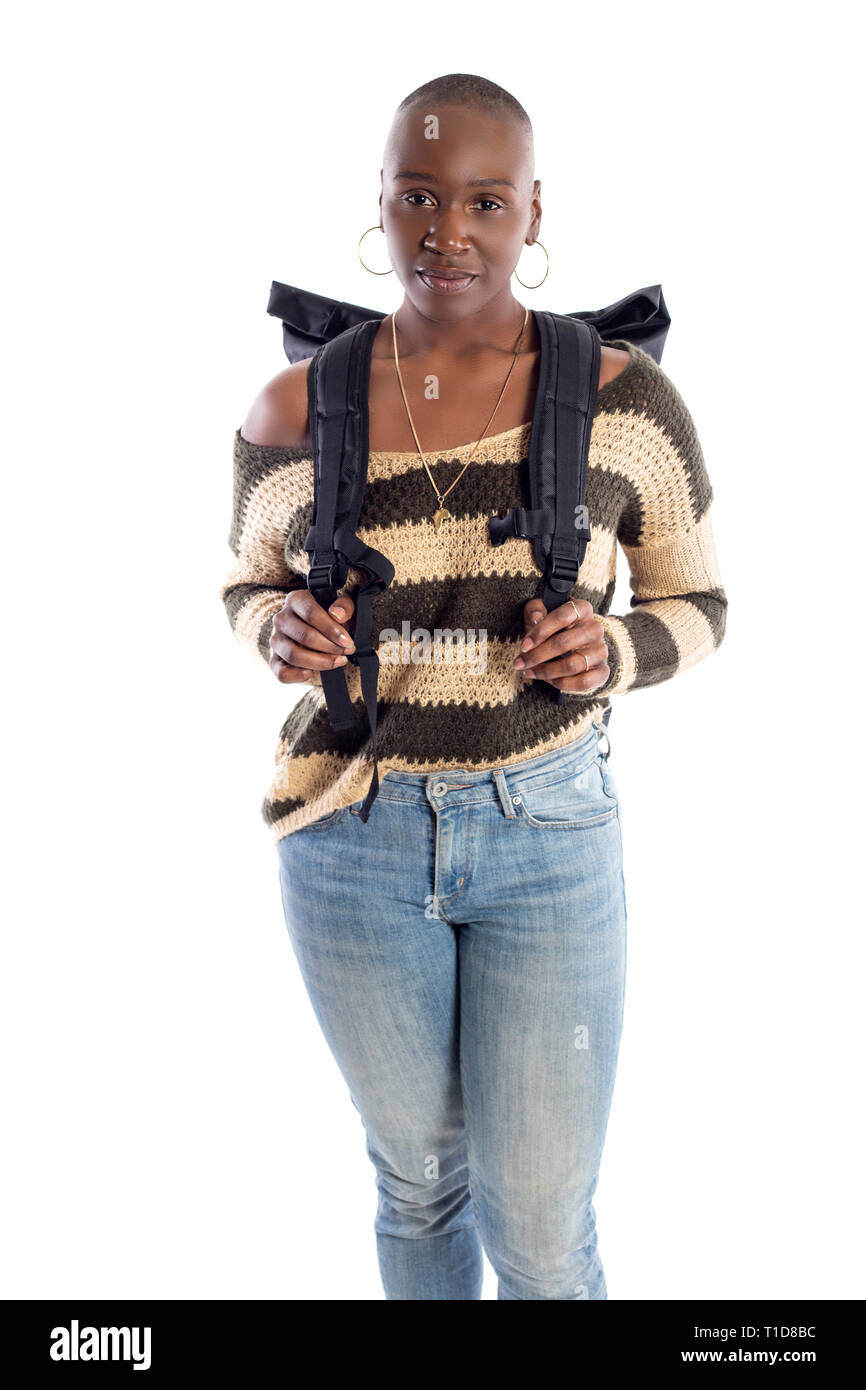 Black African American female wearing a backpack isolated on a white ...