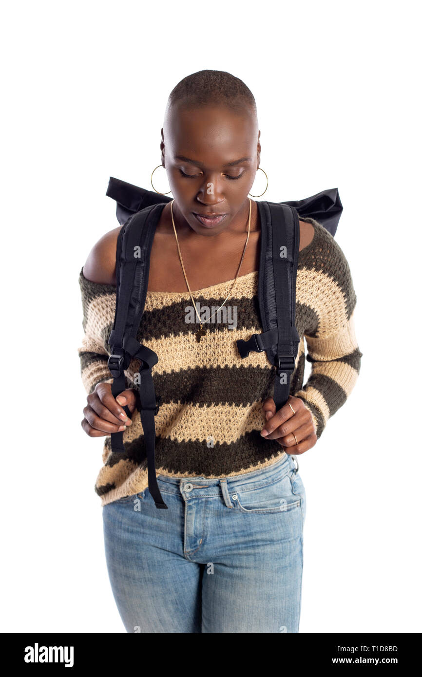 Black African American female wearing a backpack isolated on a white ...