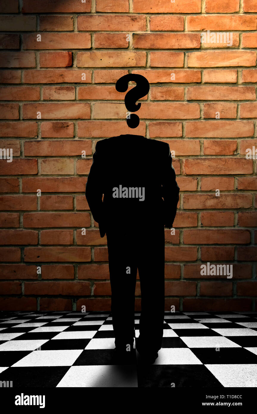 man in suit without head and a question mark instead Stock Photo - Alamy