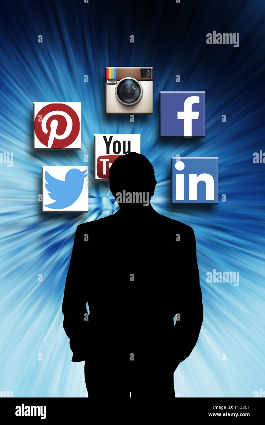 silhouette of a man with social media logos behind, social media for ...