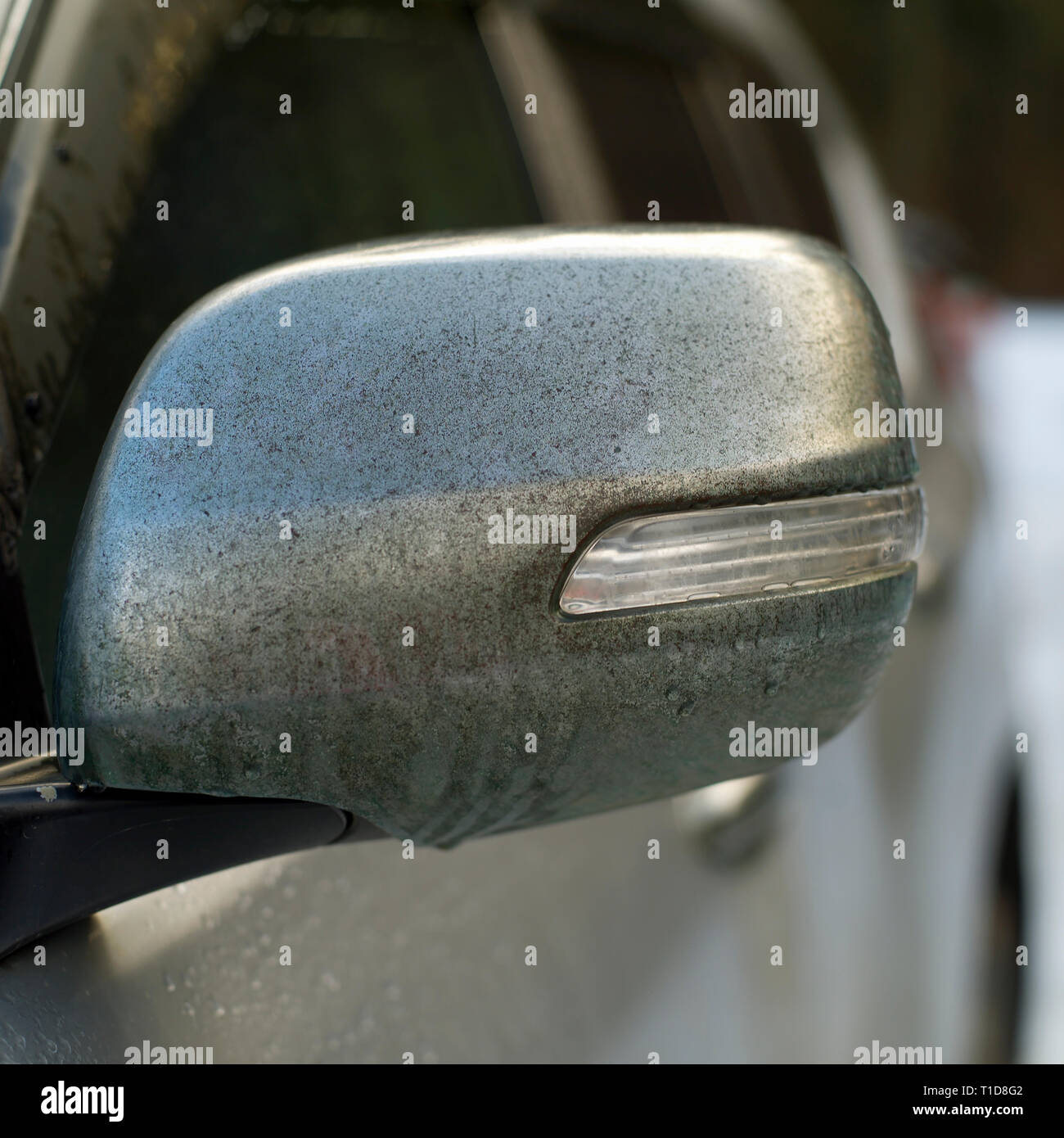 Car side mirror covered with mud and droplets, outdoor closeup Stock ...