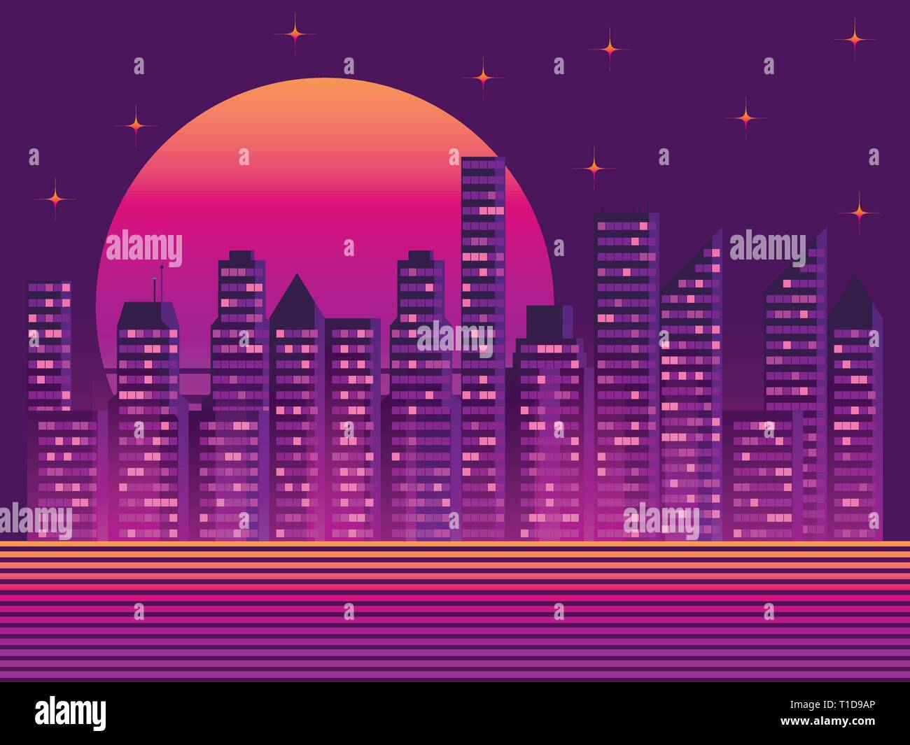 Cityscape with skyscrapers in the style of the 80s. Retro futurism ...