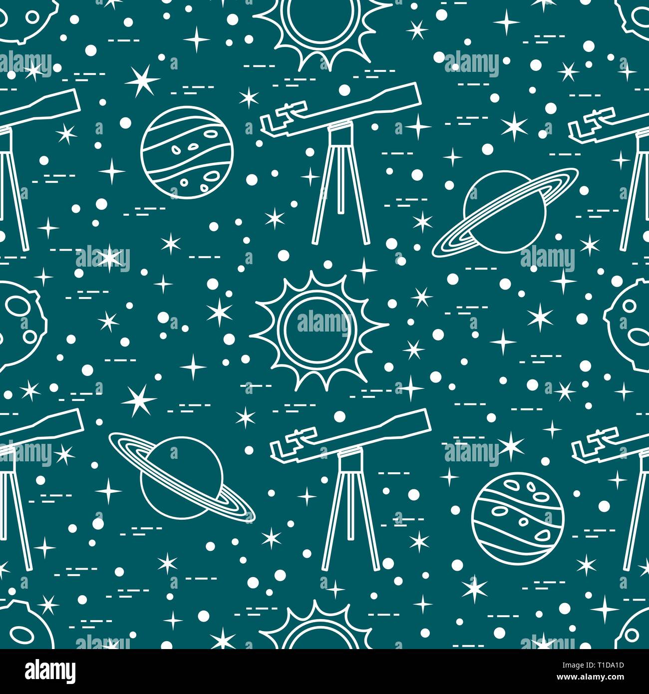 Seamless pattern with telescope, sun, planets, stars. Space exploration ...