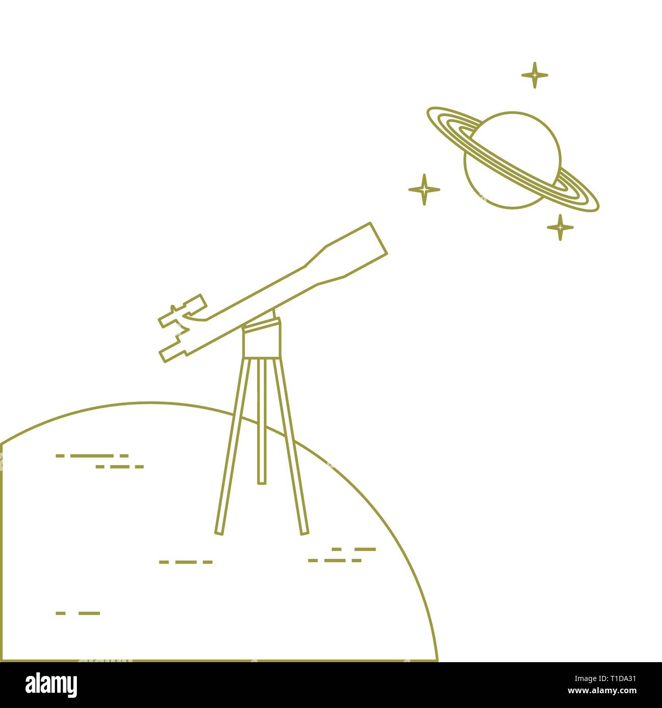 Vector illustration with telescope, planet Saturn with ring system ...