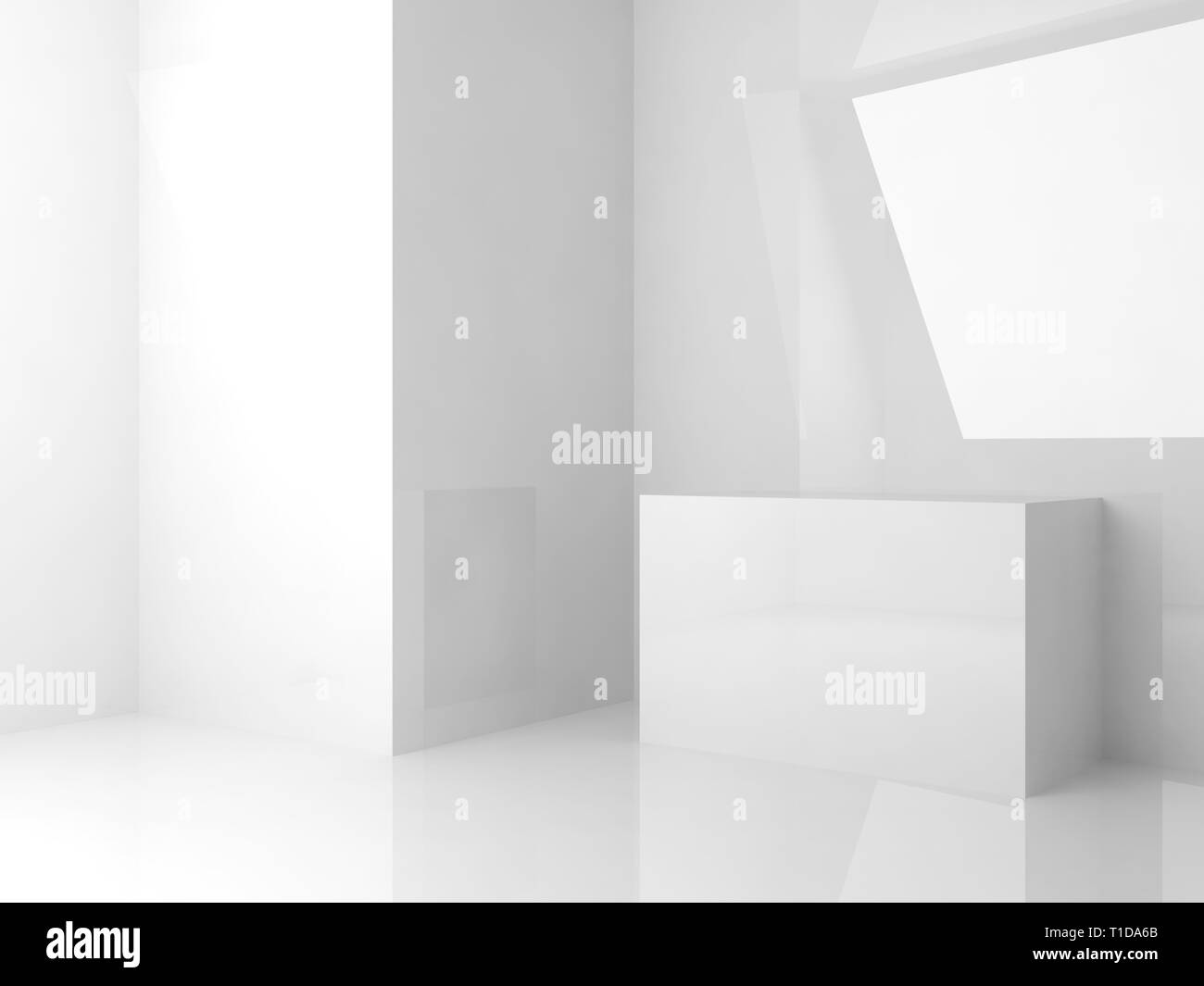 Abstract white interior background, room with shiny walls and cubes ...