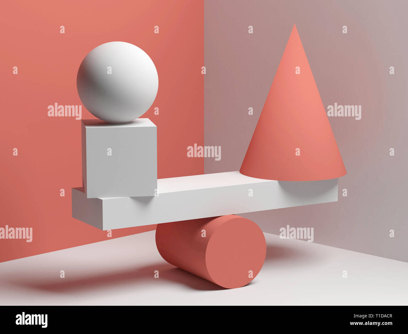 Abstract equilibrium installation of balancing red and white primitive geometric shapes. 3d ...