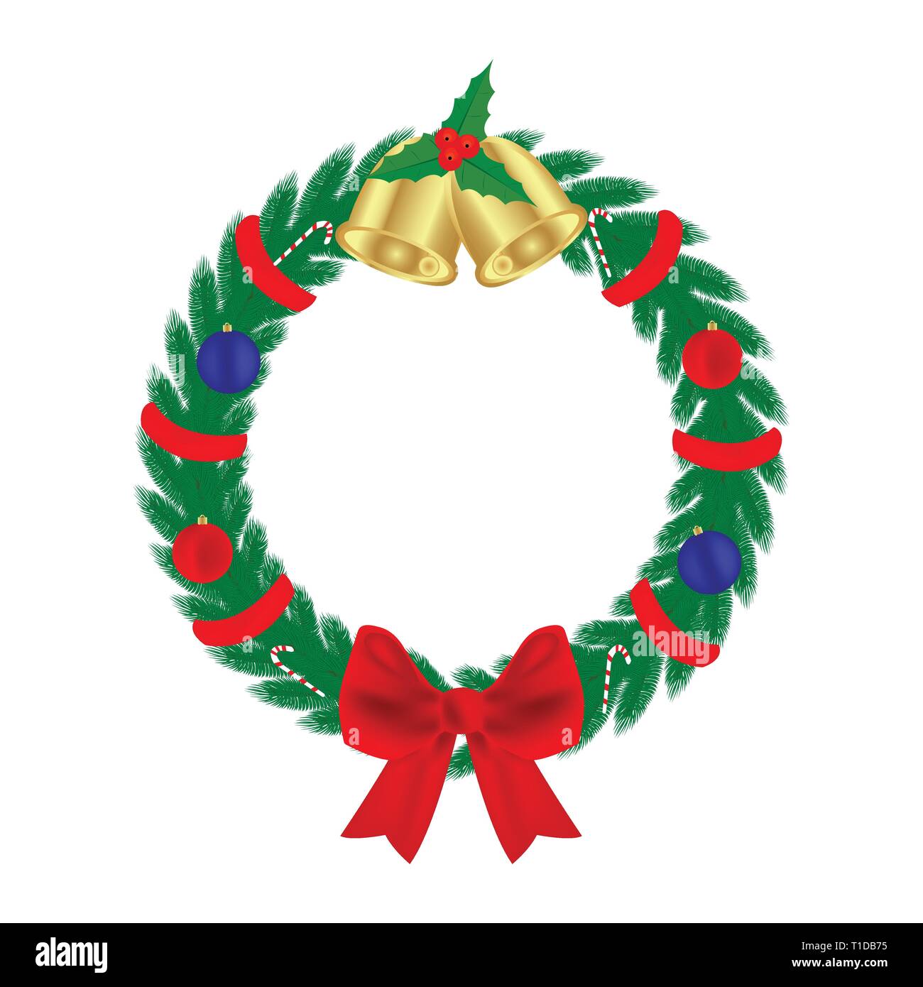 Christmas composition, a circle of fir branches, a bow and bells Stock ...