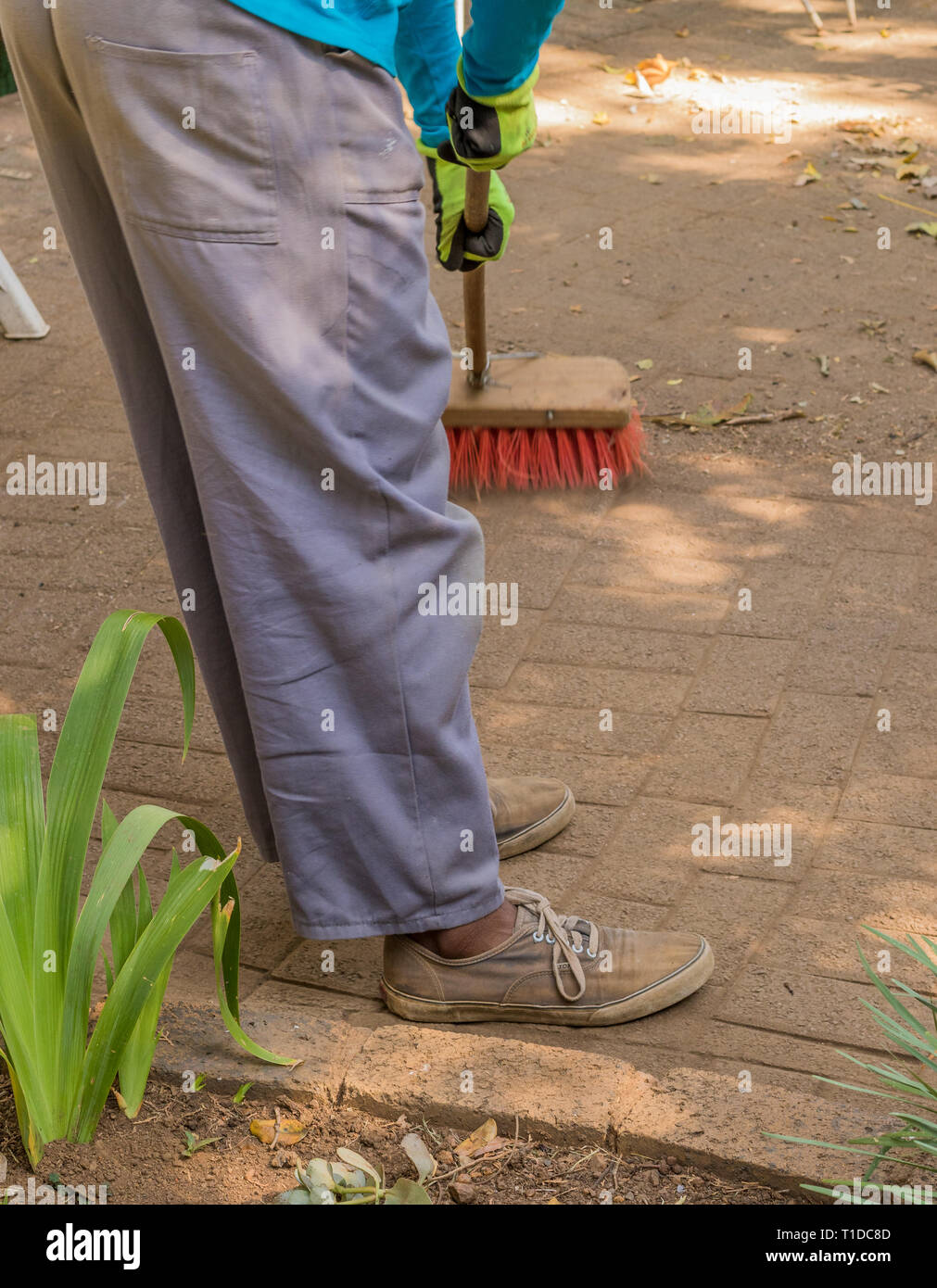 Housekeeper sweeping outdoor paved surface with a garden broom image ...