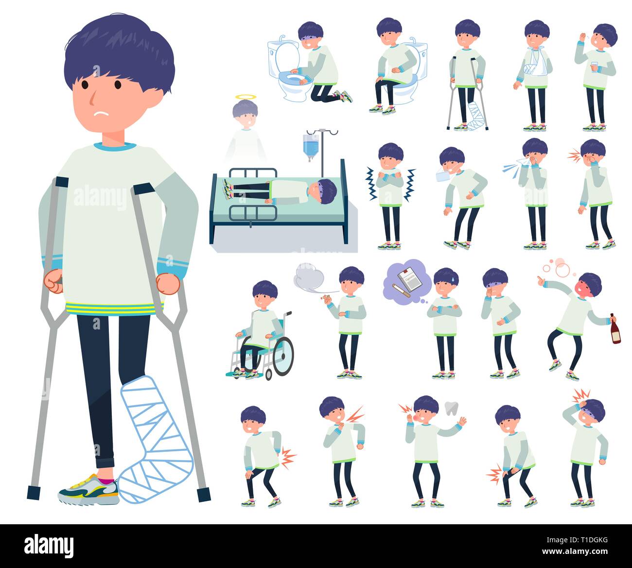 A set of young man with injury and illness.There are actions that ...
