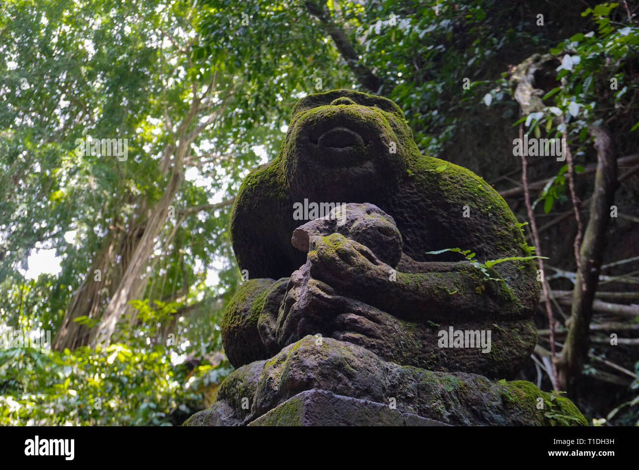 Monkey statue in covered with moss, Indonesia Stock Photo - Alamy